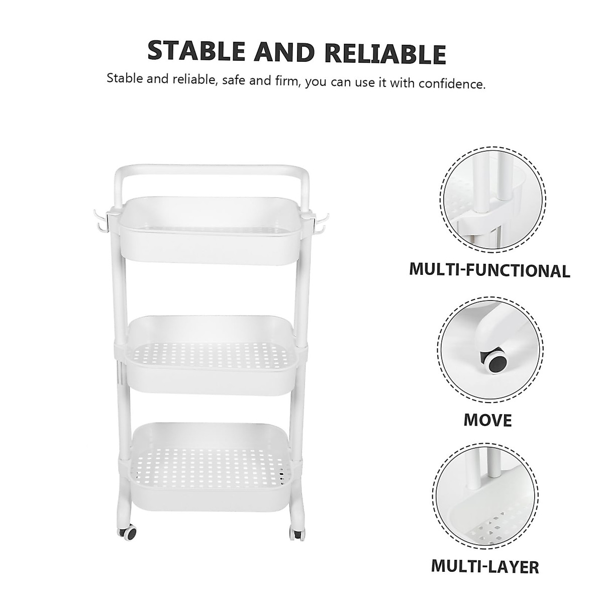 Cabilock 1pc Trolley Rack Rolling Cart Trolley Organizer Trolley Cart with Handle Mental Utility Cart 4 Shelf Tray Cart Home Organizer Household Trolley White Storage Abs Wheel