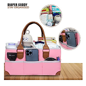 MELWEY Pink Diaper Caddy for Baby Girls - Newborn Essentials Must Haves, Baby Registry Basket,Nursery Changing Table and Car Storage Basket Organizer for Baby Girls Shower Gift (Pink)