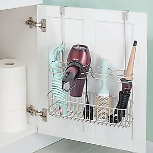 mDesign Metal Bathroom Storage Tool Organizer Accessory Basket Tray - Hang Over Cabinet Door - Storage for Hair Dryer, Straightener, Curling Iron & Hair Styling Products - Concerto Collection - Satin