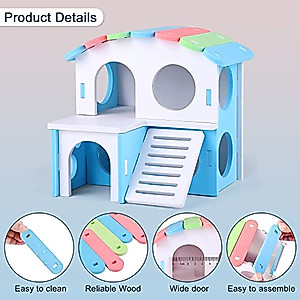Tiibot 8 Pieces Fun Hamster Toys DIY Wooden Gerbil Hideout Include Swing Seesaw Rainbow Villa Bear's Nest Fitness Circle Arch Bridge Bell Roller Snail House for Sport Exercise Small Animals, Blue