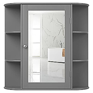 Moccha Bathroom Cabinet, Mirrored Wall Mounted Medicine Cabinet with Mirrored Door and 6 Open Shelves, Floating Shelf, Dressing Mirror with Storage Cabinet, Suitable for Foyer, Living Room (Gray)