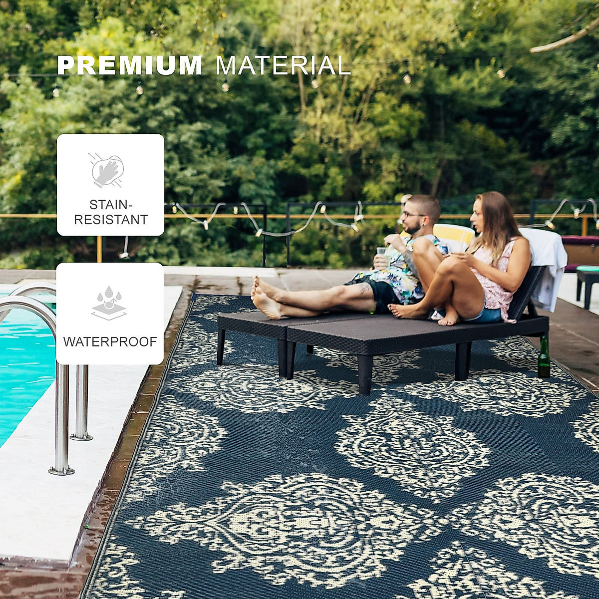 wikiwiki Outdoor Rug, 5x8ft Waterproof Reversible Mat Indoor Outdoor Rugs Carpet, Small Area Rug Plastic Straw Rug for Patio Deck Balcony Pool RV Camping Beach Picnic, Blue & Beige