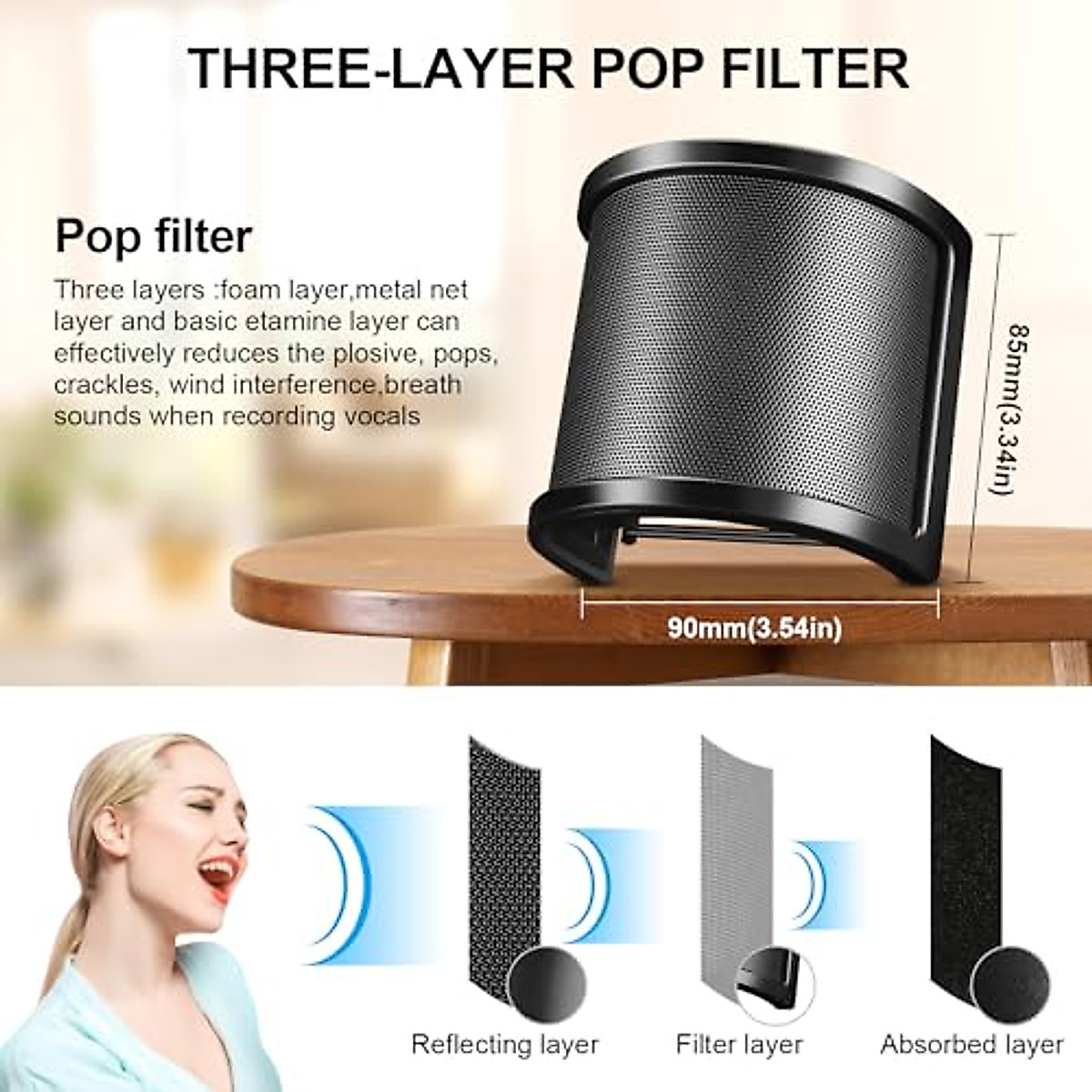 Pop Filter,Aokeo [Upgraded Three Layers] Metal Mesh & Foam & Etamine Layer Microphone Windscreen Cover Handheld Mic Shield Mask,Microphone Accessories for Vocal Recording,Youtube videos,Streaming