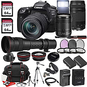 Canon EOS 90D DSLR Camera w/EF-S 18-135mm f/3.5-5.6 is USM Lens + 75-300mm F/4-5.6 III + 420-800mm f/8.3 HD Lenses for T Mount + 2X 64GB Memory + Hood + Case + Filters + Tripod + More (35pc Bundle)