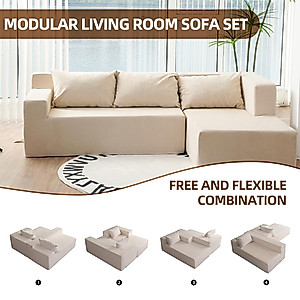 JOYBASE Modular Sectional L-Shaped Sofa Cloud Couch, Modern Minimalist 3-Seat Couch with Right-Hand Facing Chaise for Living Room Office, No Assembly Required (Khaki)