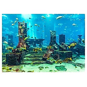 Aquarium Poster, Underwater City Ruins Background Sticker Thicken PVC Adhesive Backdrop Fish Decorative Paper(61×41cm)