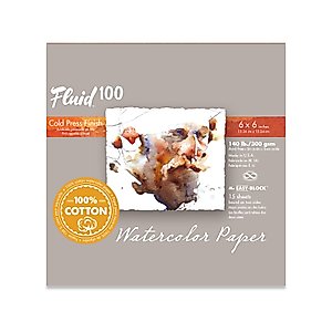 Fluid 100 Artist Watercolor Block, 140 lb (300 GSM) 100% Cotton Cold Press Pad for Watercolor Painting and Wet Media w/Easy Block Binding, 6 x 6 inches, 15 Sheets
