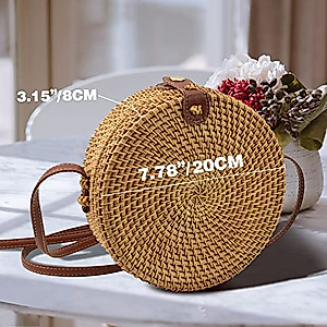 WOWLADY Round Rattan Bags Woman Handwoven Straw Purse Bag Crossbody Shoulder Leather Straps Natural Chic Leather Buckle