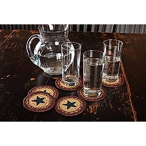 VHC Brands Potomac Star Textured Jute Primitive Tabletop Kitchen Stenciled Round Coaster Set of 6, Natural Tan