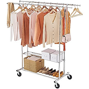 Tajsoon Heavy Duty Clothing Rack Extensible Double Rod with 2 Shelves, Rolling Clothes Rack with Wheels, Rolling Garment Racks for Hanging Clothes Load 250LBS, Collapsible Clothes Hanging Rack Chrome