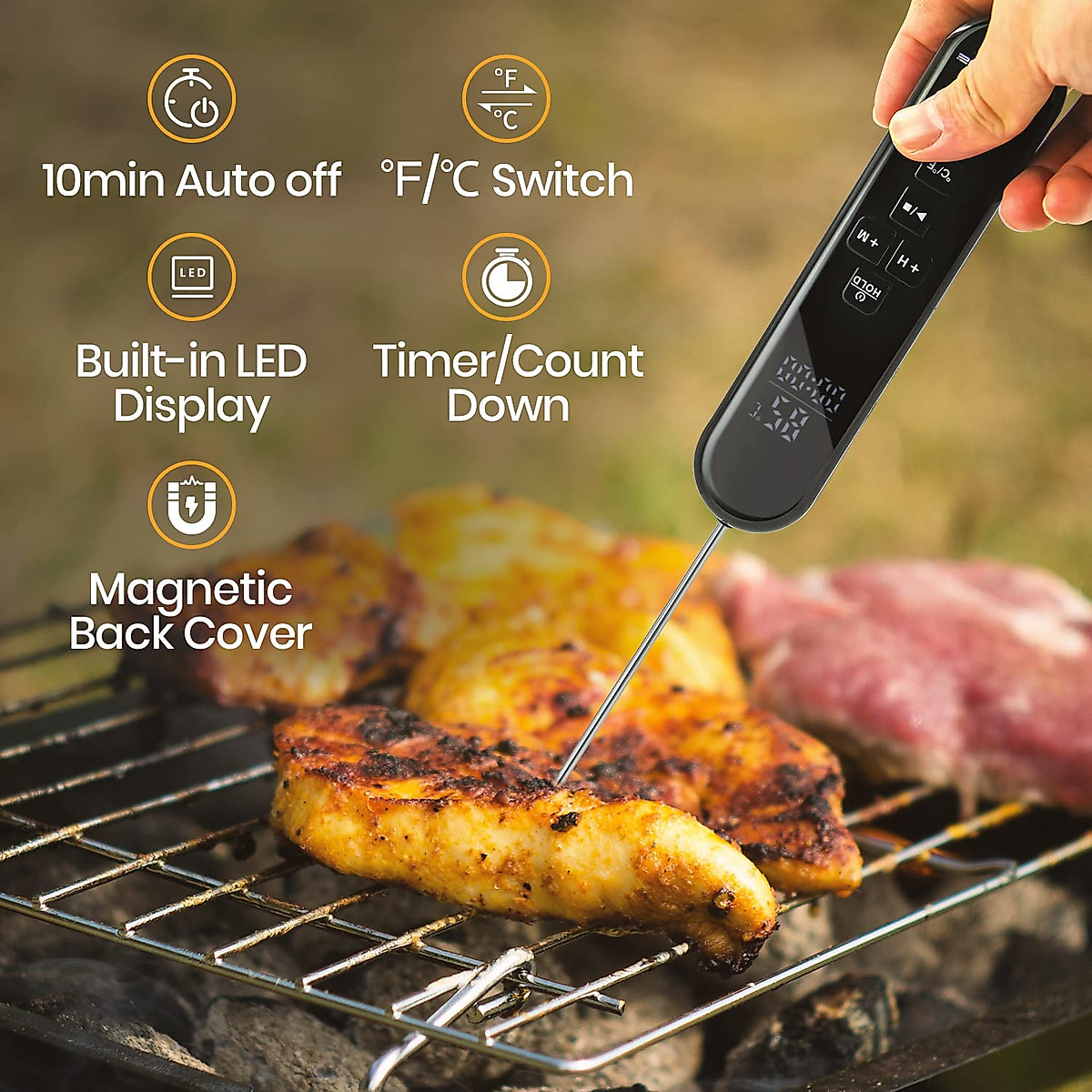 Circrane Digital Instant Read Thermometer, LED Hight Bright Screen with Huge Digits and Alarm, Meat Thermometer for Grilling, Cooking and BBQ, Black