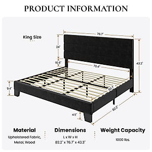 SHA CERLIN King Platform Bed Frame with Velvet Upholstered Headboard, Mattress Foundation with Strong Wooden Slats Support, No Box Spring Needed, Black