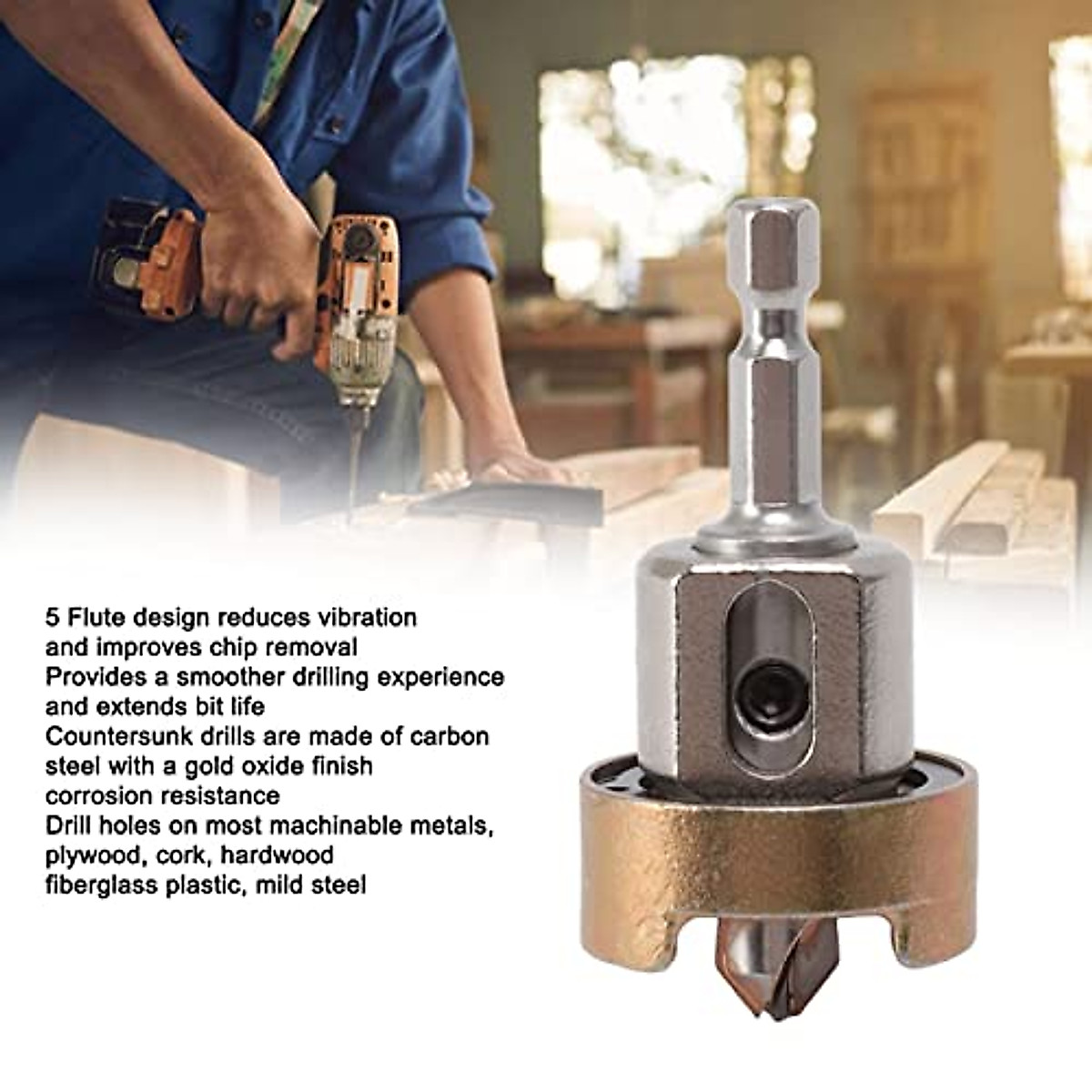 Countersink Drill Set, Countersink Drill Bit Carbon Steel 5 Flute Working Depth Adjustable Countersunk Drill Bit 3/8 X 3/32 X 1/4in