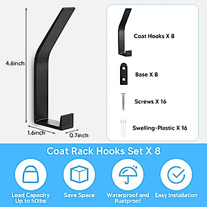 MOJIEZUO 8 Pack Large Coat Hooks Wall Mounted, Heavy Duty Removable Coat Rack for Wall, Hidden Screws Metal Double Hooks Coat Hanger for Hanging Coats, Hat, Scarfs, Towel