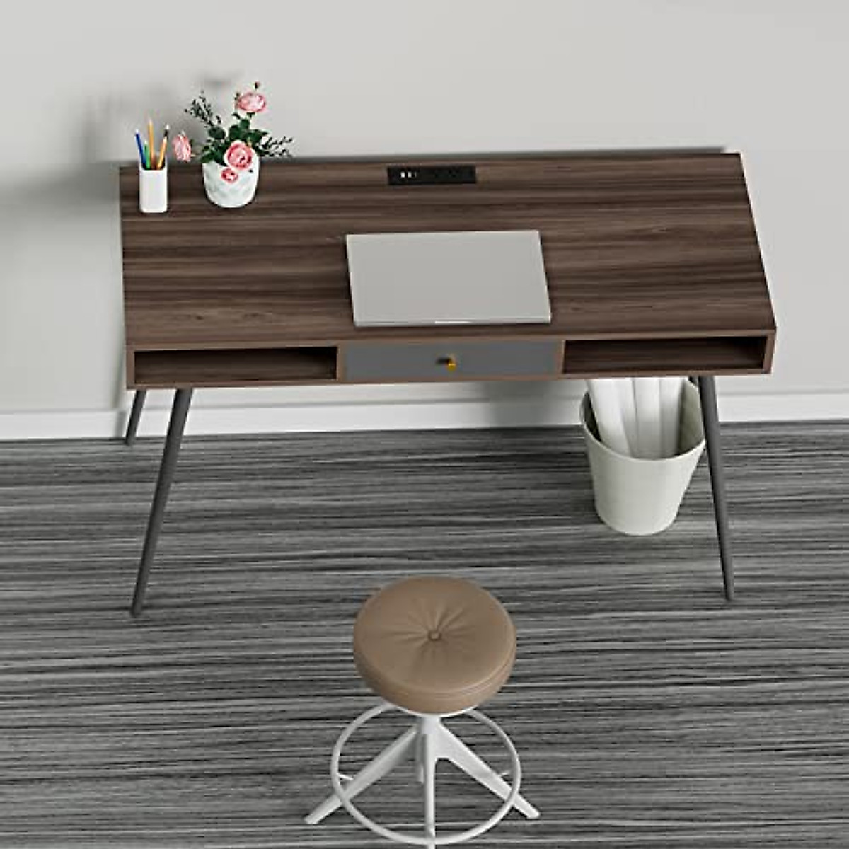 kevinplus Computer Writing Desk 46.8'' with Fast Charge USB Port & Power Outlet, Mid-Century Modern Study PC Desk with Type-C Ports Charging Station, Home Office Desk with Drawer, Walnut & Dark Grey