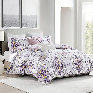 DUOMING Cotton Duvet Cover King - 100% Cotton Soft 3 Pieces Damask Duvet Cover, White and Purple Floral King Duvet Cover Set, Medallion Duvet Cover King with Zipper Closure & 8 Ties