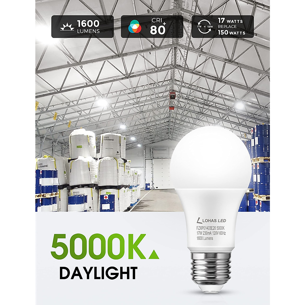 LOHAS A19 LED Light Bulbs 150W Equivalent, 17 Watt Daylight White 5000K LED Bulbs, 1600 Lumen Energy-Efficient LED Bulb(UL Listed), E26 Medium Base, Non-Dimmable, 4 Pack