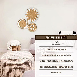 Desantiago Boho Wall Basket Decor - Set Of 3 White Round Wall Baskets Decorative, Decorative Hanging Baskets, Black Wicker Baskets Decorative, Corner Hanging Basket