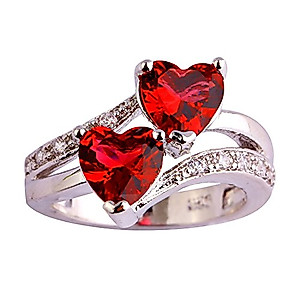 Narica Silver Plated 7x7mm Double Heart Cut Created Ruby Spinel Cubic Zirconia Filled Halo Wedding Engagement Band Elegant Women's Ring for Mom Bridal Lover Gift 10#