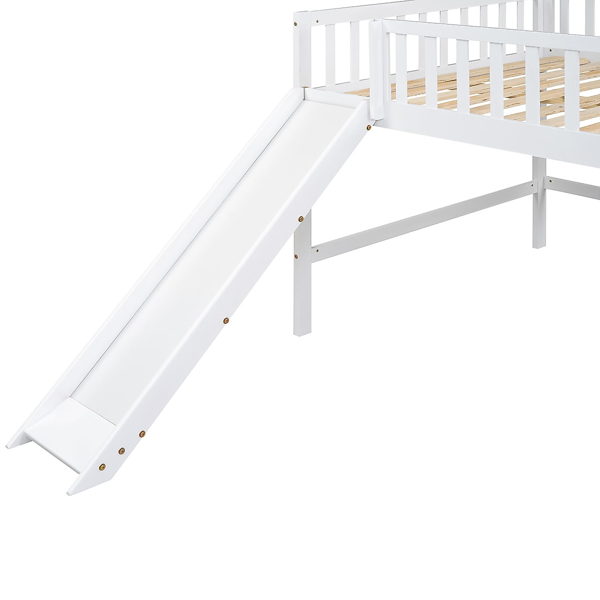 Harper & Bright Designs Full Size Low Loft Bed with Slide, High Guardrail & Ladder, Kids Wooden Full Loft Bed Frame for Girls,Boys, No Box Spring Needed, White