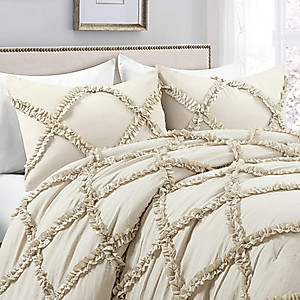 Lush Decor, King, Neutral Ruffle Diamond 3 Piece Comforter Set