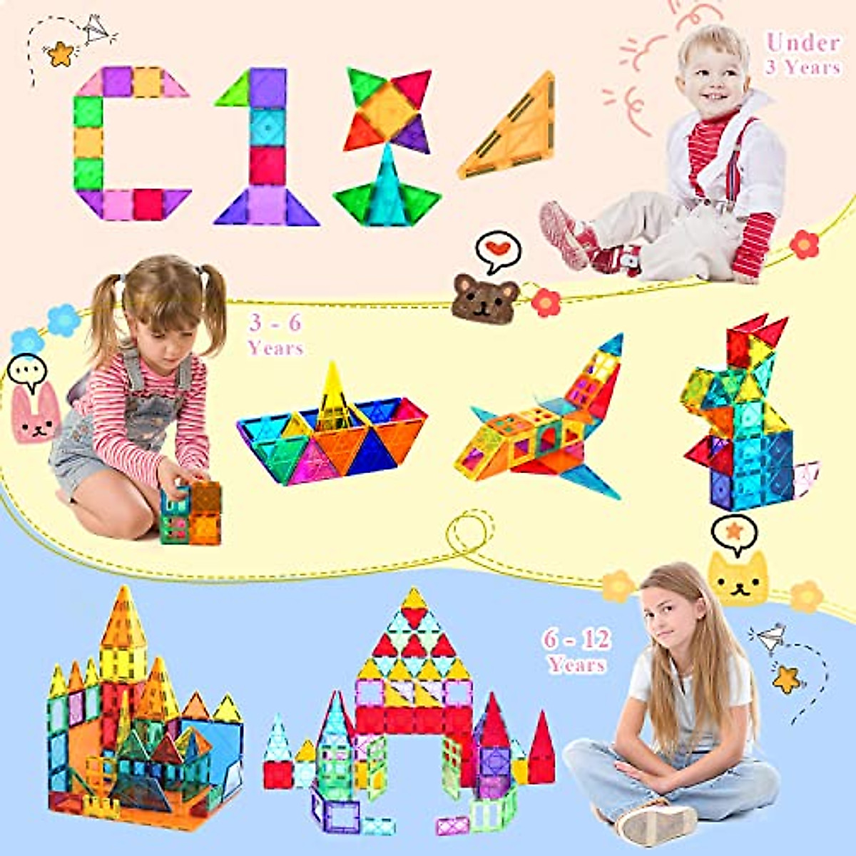 Aquadawn 110 Pieces Magnetic Building Tiles Set with 2 Cars, Magnetic Building Blocks for Toddlers 1-3, Educational Toys Tiles for Kids Ages 4-8, 3D Magnet Building Blocks Toys Gifts for Girls Boys