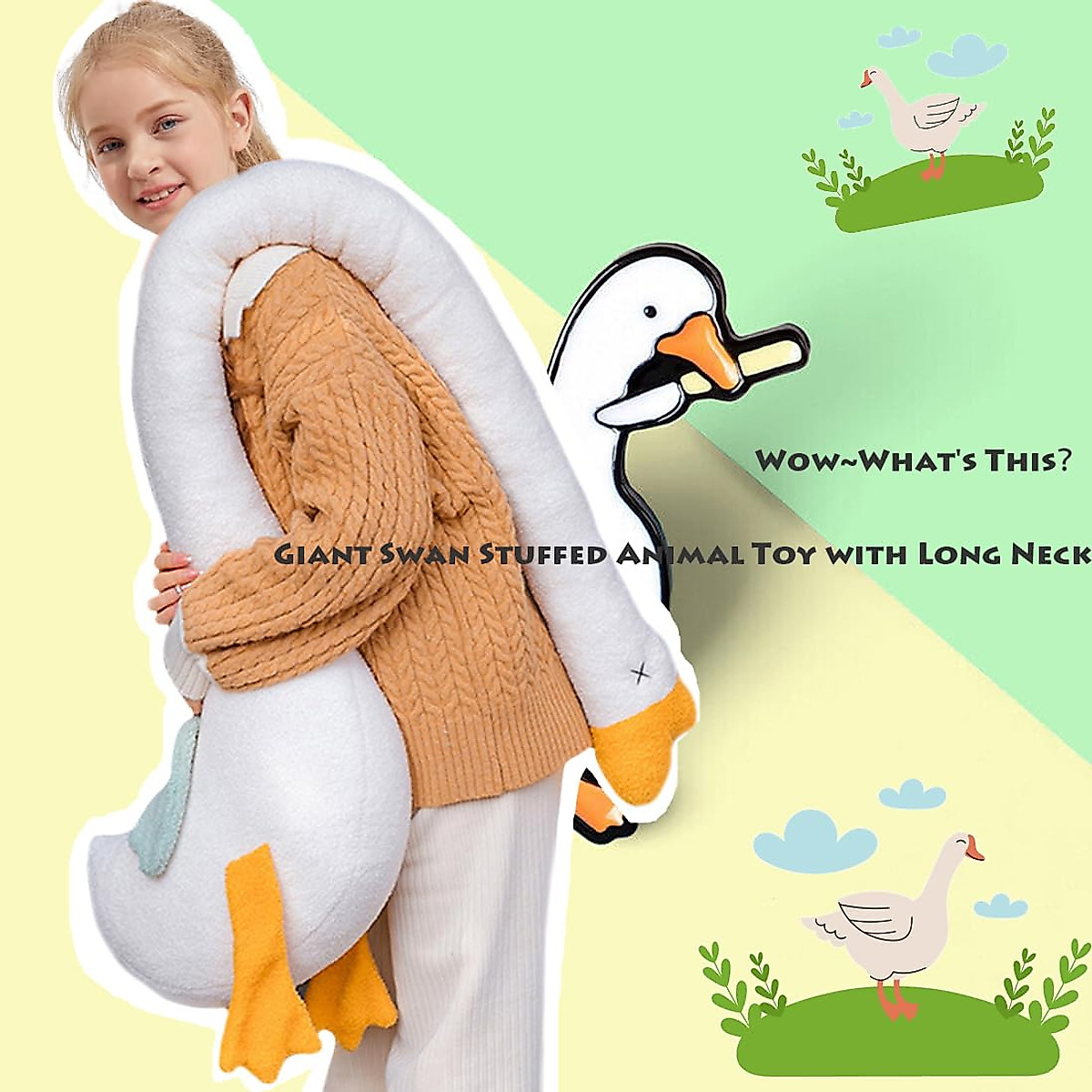 ELAINREN Giant Swan Stuffed Animal Toy with Long Neck, 55Inch White Goose Plush Soft Hugging Body Pillow Home Decor Cushion Easter Cute Duck Goose Plushie Dolls Gifts for Kids Xmas