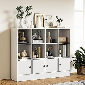 Anystyle White 12 Cube Bookshelf, 3-Tier Bookcase Storage Cabinet with 4 Doors for Bedroom, Living Room