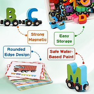 Wondertoys Wooden Alphabet Train Toy 27 PCS Magnetic Alphabet ABC Letter Train Set Includes 42 PCS Flash Cards, 1 Engine and 1 Storage Box for Toddlers Kids Boys and Girls