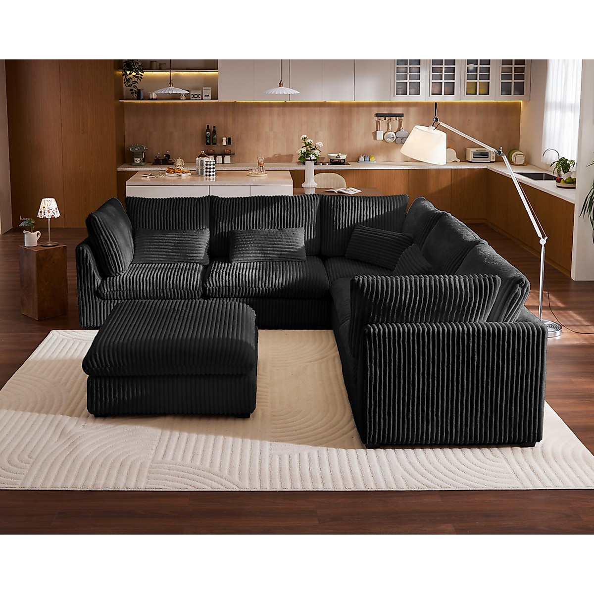 Cloud Oversized Modular Sofa, 120" Corduroy Wide Seat Sectional with Reversible Chaise, Shaped Couches Modern Comfy Fluffy Cushion Sleeper Sofa Bed with Convertible Ottoman for Living Room 5 Seater