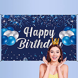 Trgowaul Happy Birthday Banner Backdrop, Blue and Silver Birthday Party Decorations, Birthday Party Supplies Men Women, Birthday Gifts Photo Background Banner Decor Girls Boys Kids Outdoor Indoor