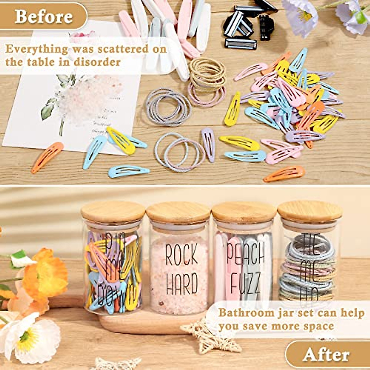 Lucomb Glass Apothecary Jars with Lids for Bathroom Storage Organizer, 4 Packs Cotton Ball Q-Tip Holder Hair Tie Organizer & Bobby Pin Holder Great for Funny Bathroom Canisters Decor Farmhouse Style