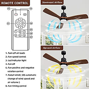 ghicc Ceiling Fans with Lights and Remote Modern Ceiling Fans with 3 Walnut Wood Blades, Indoor/Outdoor Ceiling Fans for Patios Farmhouse Bedroom，42"， Matte Black