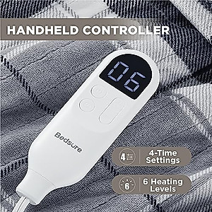 Bedsure Plaid Heated Throw Blanket - Safe Electric Flannel Blanket with Grey Plaid Pattern, Heated Blanket with 6 Heating Levels, 4 Time Settings, and 3 Hours Auto-Off (50x60 inches)