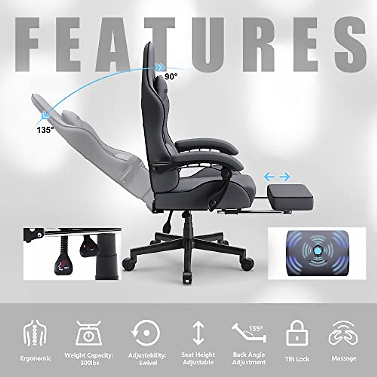 Dowinx Gaming Chair Fabric with Pocket Spring Cushion, Massage Game Chair Cloth with Headrest, Ergonomic Computer Chair with Footrest 290LBS, Grey
