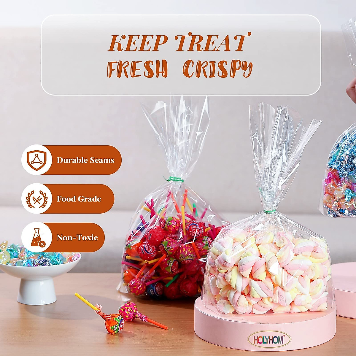 HOLYHOM Cellophane Bags 9x12 Inches, Clear Bags for Gifts Treat Bags Cookie Bags Candy Bags, Cellophane Gift Bags Flat bottom Gusseted, 25pcs with random Twist Ties (no cardboard Insert)