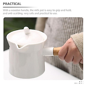 Cabilock Milk Pan Sauce Pan Butter Warmer Noodle Bowl 350ml Ceramic Mini Cooking Pot with Wood Handle for Noodle Butter Coffee Baby Food - White