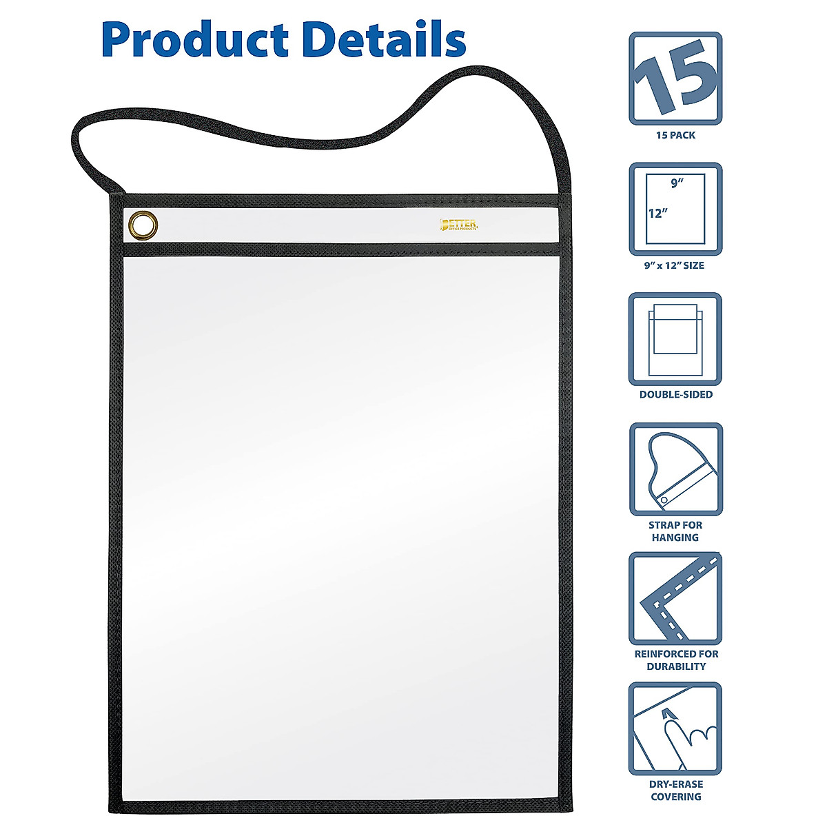 Better Office Products Shop Ticket Holders with Hanging Strap, 9 x 12 Inches, Both Sides Clear, Stitched Black Heavy Duty Canvas Edge Trim, 15 Pack