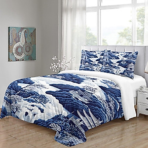 HOUKIG Chinoiserie Blue Bedding Set 3D Printed Comforter Covers Duvet Cover Quilt Cover with Pillowcases 3 Pieces Microfiber for Childrens and Adults with Zipper Closure Queen（228x228cm）