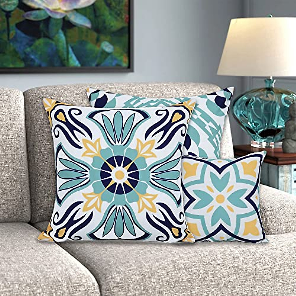 BOYSUM Set of 4 Outdoor Pillows Cover Waterproof Throw Pillow Covers Boho Cushion Cover for Patio Furniture 18x18 Inches Yellow