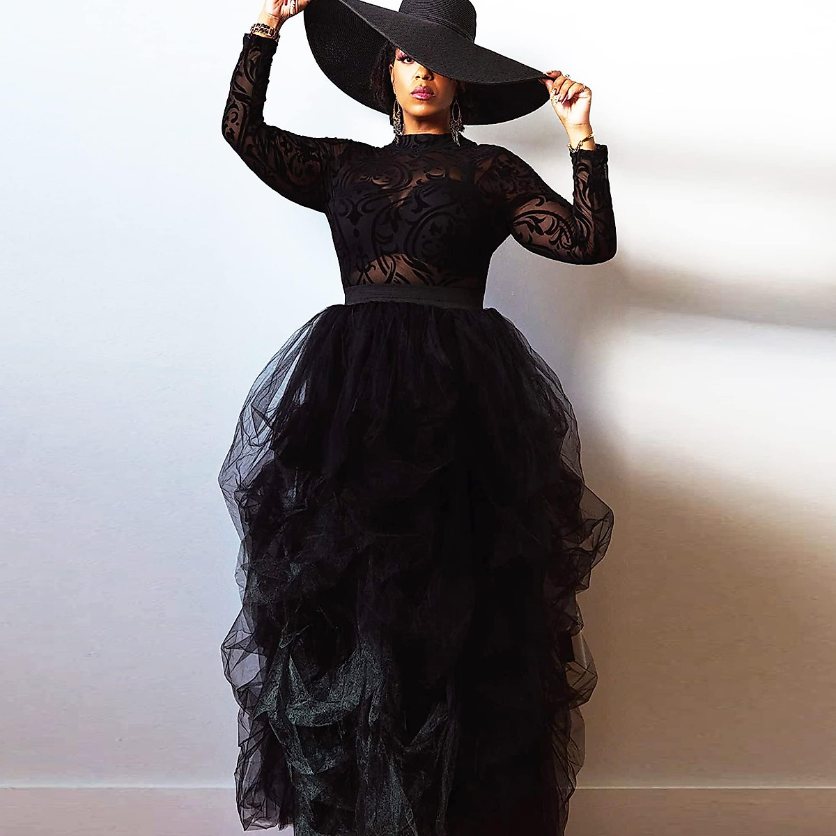 Lisong Women Maxi Tulle Floor Length Bustle Skirt Elastic High Waist Special Occasion Party Skirt XL Black