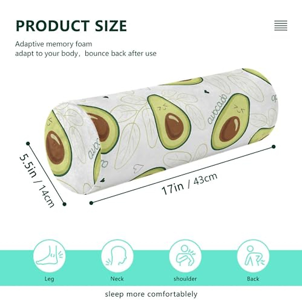 xigua Kawaii Avocado Neck Roll Pillow for Neck Relief with Removable Washable Cover - Memory Foam Round Cylinder Bolster, Ergonomically Designed for Head, Neck, Back, and Legs