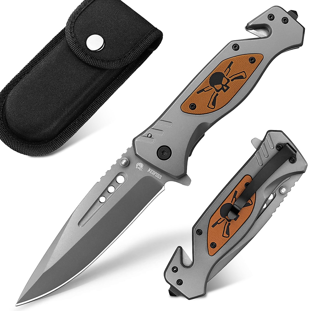 NedFoss Pocket Knife NF17, 3 in 1 3.8" Tactical Knife with Seat Belt Cutter, Glass Breaker, Liner Lock, Belt Clip, Survival Knife Hunting knife for Camping Hiking