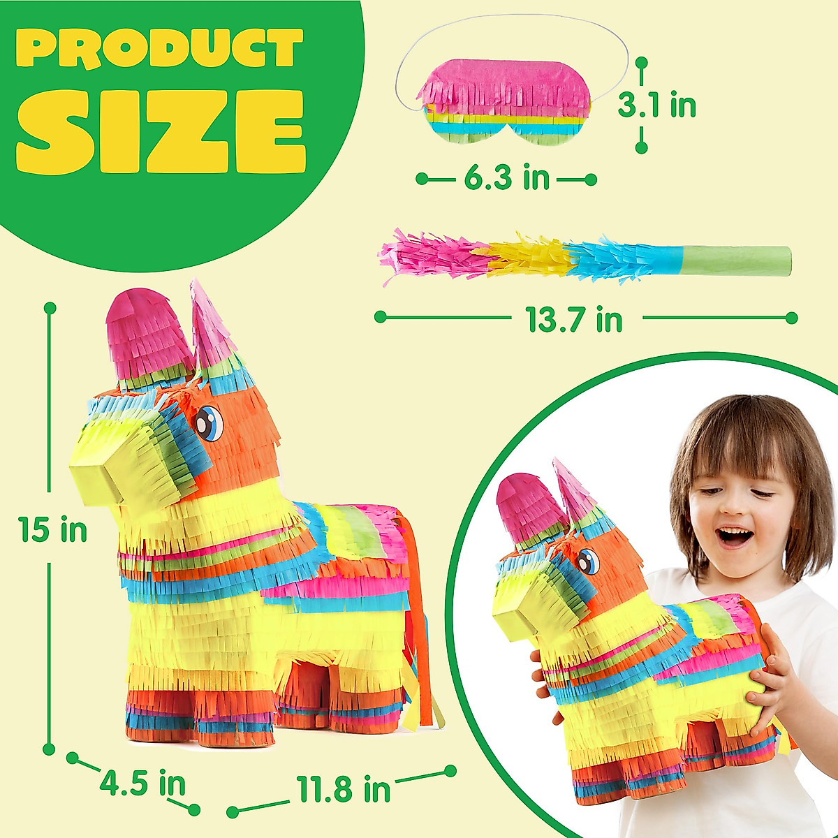 Cinco De Mayo Donkey Pinata for Kids Birthday Party, (13 x 20 x 5 in.) for Fun Fiesta Taco Party Supplies, Luau Event Photo Props, Mexican Theme Decoration, Carnivals Festivals, Taco Tuesday Event