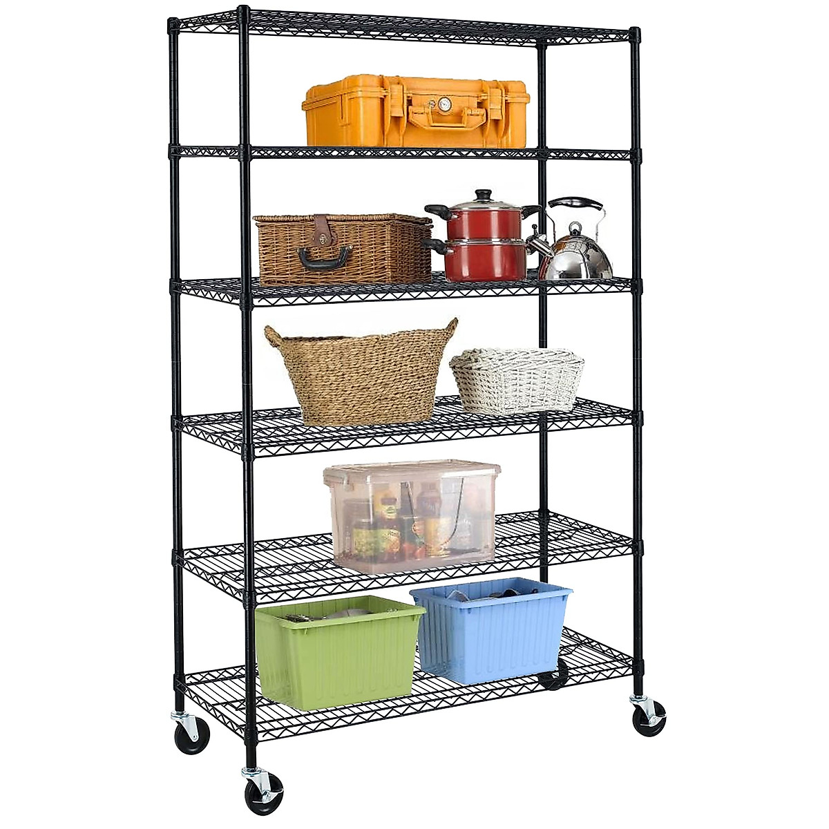 BestMassage Wire Shelving Unit Heavy Duty Garage Storage Shelves Large Metal Shelf Organizer 6-Tier Height Adjustable Commercial Grade Utility Steel Storage Rack with Wheels,18 x 48 x 72 (Black)
