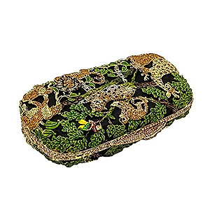 Forest Animal Pattern Style Crystal Clutch Purses for Women Formal Evening Bags (Green) Medium