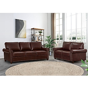 2 Piece Faux Leather Sofa Set,Modern Couch and Loveseat Sets with Storage,Mid Century Couch with Rivet Rolled Arm,Comfy Deep Seat Couch,Furniture for Living Room,Office(Loveseat+3 Seater,Burgundy)