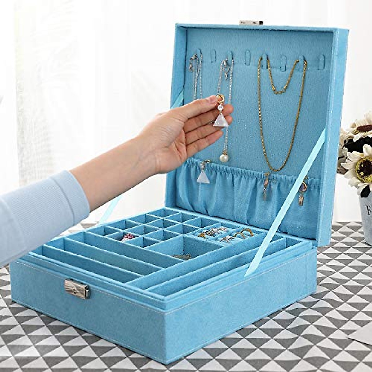 DerBlue Jewelry Case Jewelry Box for Women Two-Layer Lint Jewelry Organizer with Lock -36 Compartments and Removable Partition for Earrings Bracelets Rings Watches Case
