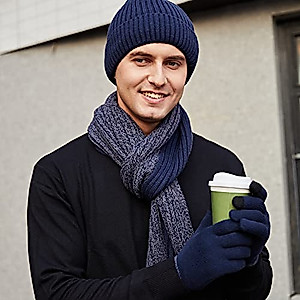 Winter Beanie Hats for Men 3 Pieces Warm Scarf Touchscreen Gloves Set Mens Fleece Lined Knit Cap for Cold Weather