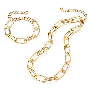 LANE WOODS Gold Chain Necklace and Bracelet for Women Ladies Dainty and Chunky Chain Link Paperclip Jewelry Set